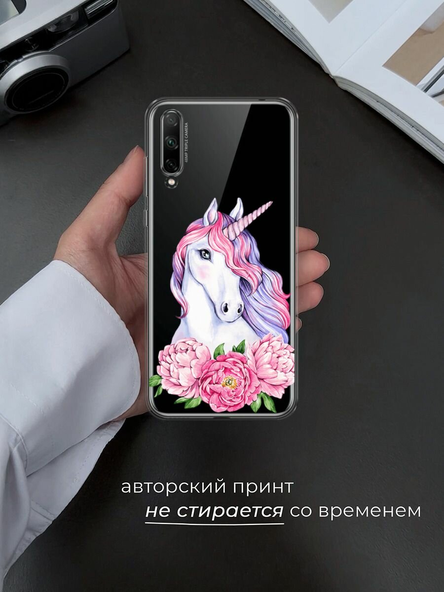 Чехол на Honor 30i / Хонор 30i с принтом "Единорог с пионами", прозрачный — фото 1
