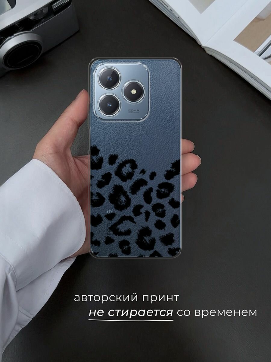 Чехол на Realme C63 / Реалми С63 с принтом "Окрас леопарда фон черный", прозрачный — фото 1