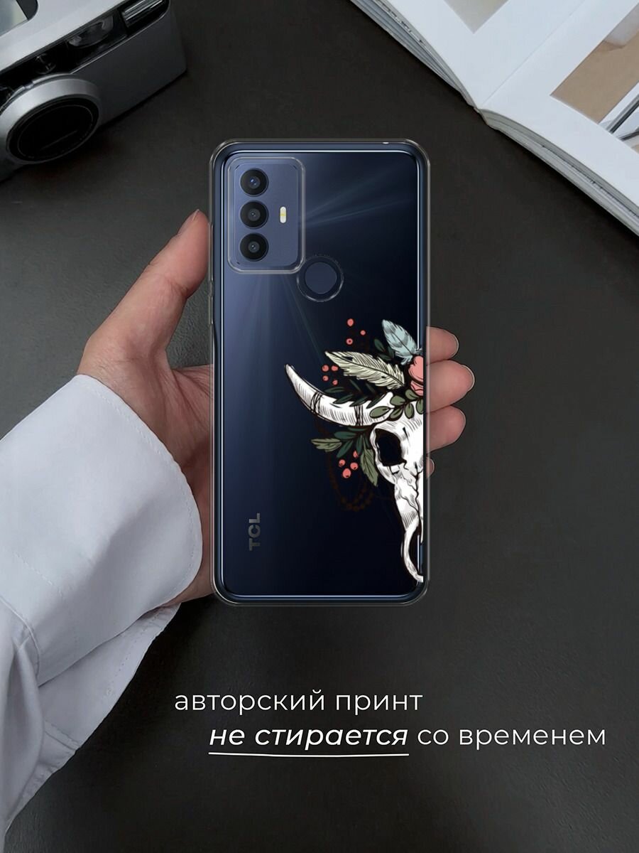 Чехол на TCL 30E/30 SE/305/306 / ТСЛ 30E с принтом "Череп быка с цветами", прозрачный — фото 1