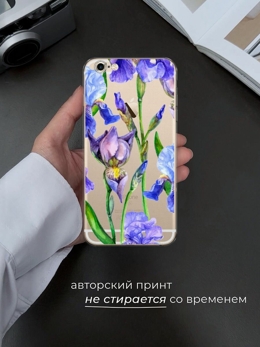 Чехол на Apple iPhone 6 Plus/6S Plus / Айфон 6 Плюс/Айфон 6С Плюс с принтом "Синие ирисы", прозрачный — фото 1