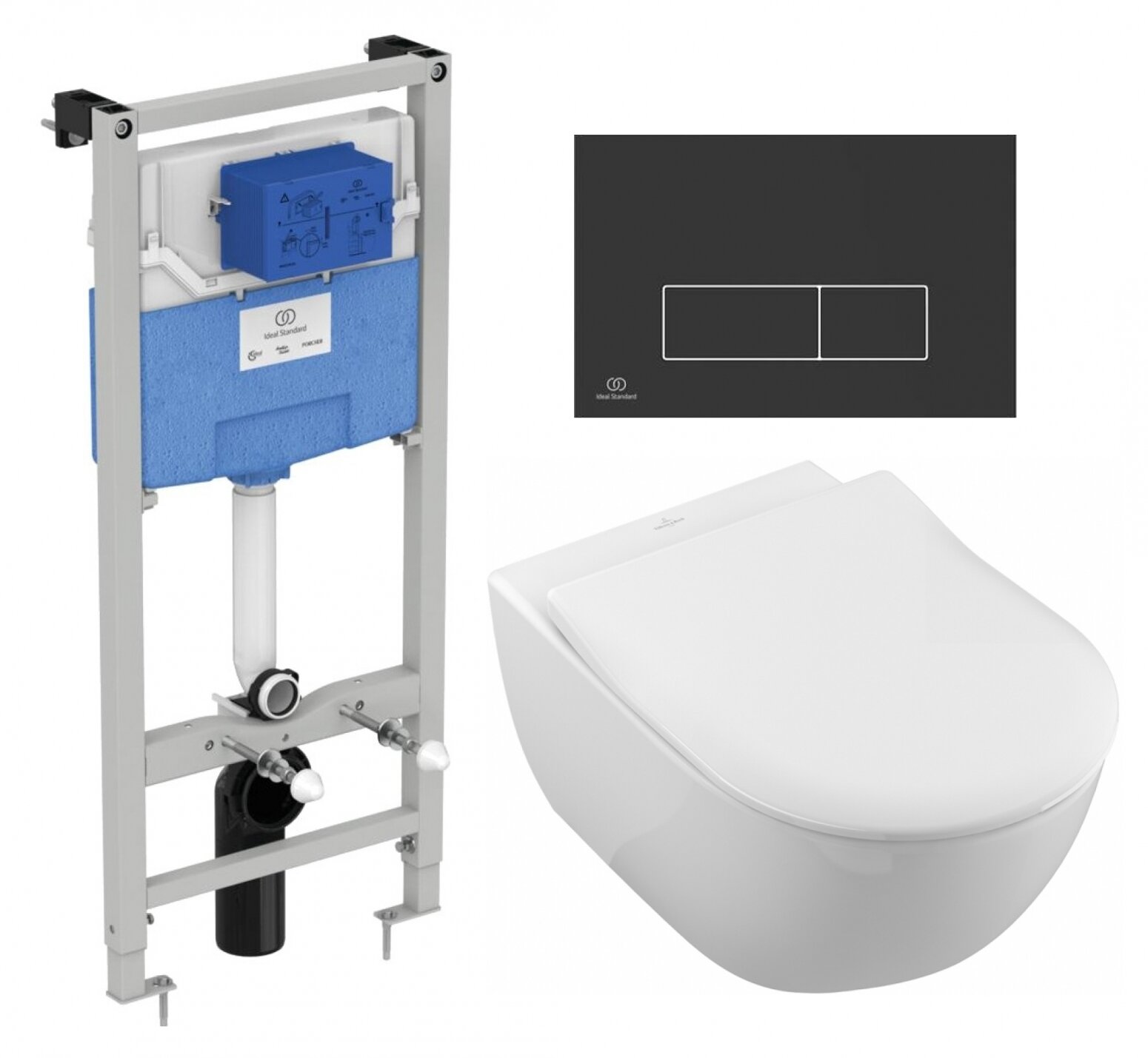Комплект 3 в 1 инсталляция Ideal Standard + Унитаз подвесной Villeroy & Boch Subway 2.0 5614R201 + кнопка черная