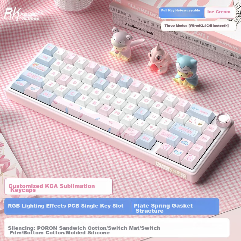 RK R65 Tri-Mode Custom Mechanical Keyboard, Wireless 2.4G Wired Bluetooth RGB Full-Key Hot-Swappable, Gasket Structure, Computer Gaming, Ice Cream Smoky Rain Switch V2