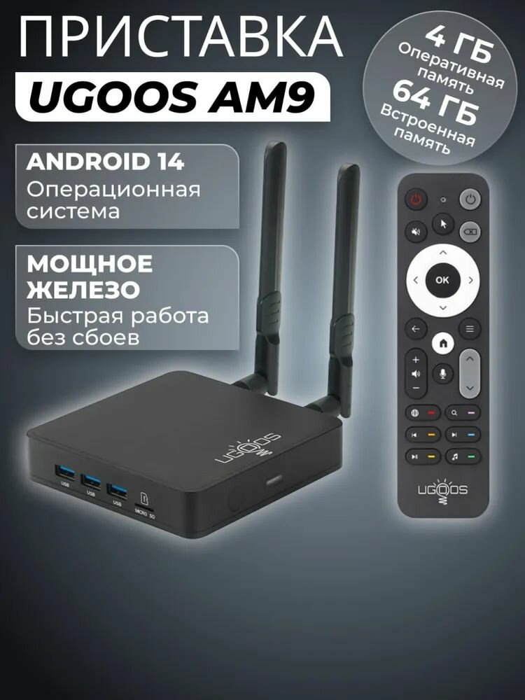 Смарт ТВ-приставка для телевизора Ugoos AM9 4/64Gb Android 14, Караоке-система