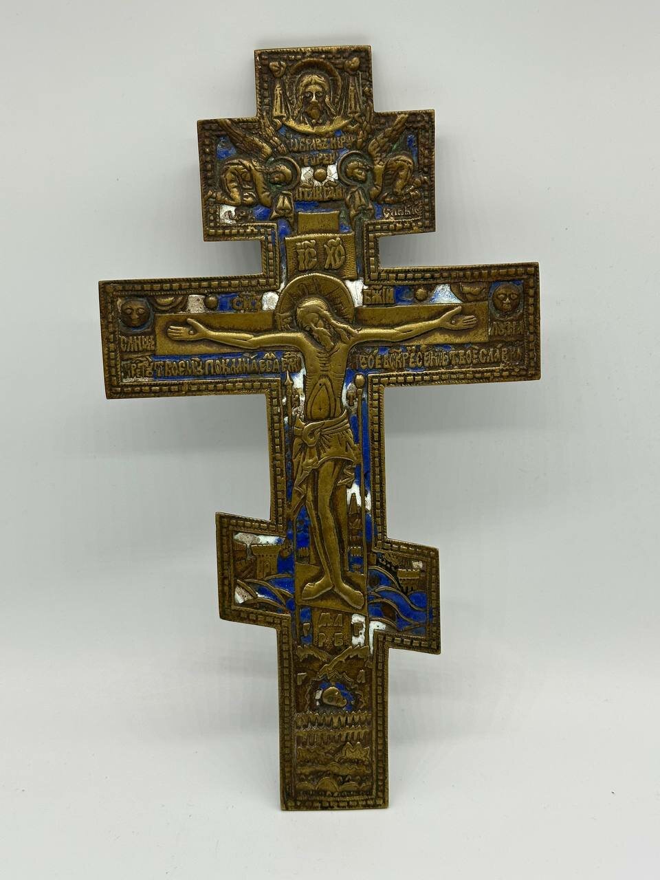 Литой медный крест Распятие Христово с эмалями, 28х15 см
