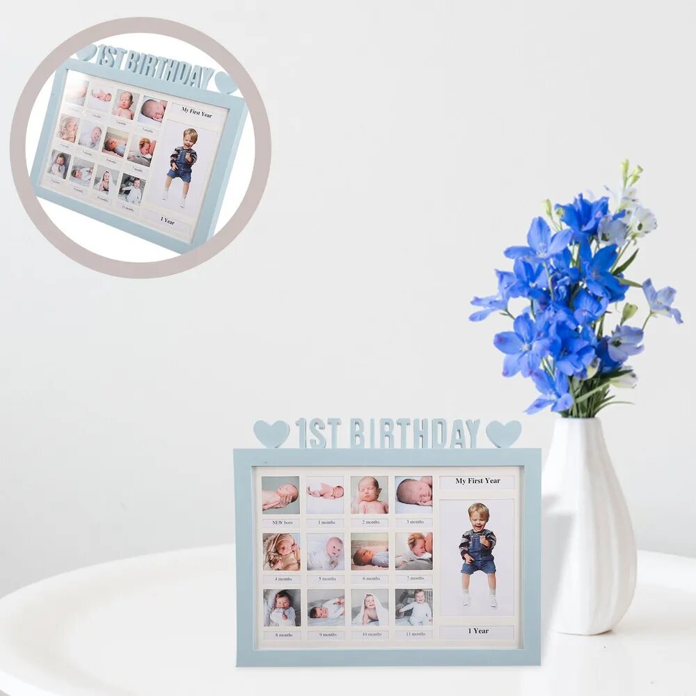 Фоторамка "My First Year" для 12 фотографий с надписью "1 ST BIRTHDAY", цвет небесно-голубой, дерево — фото 1
