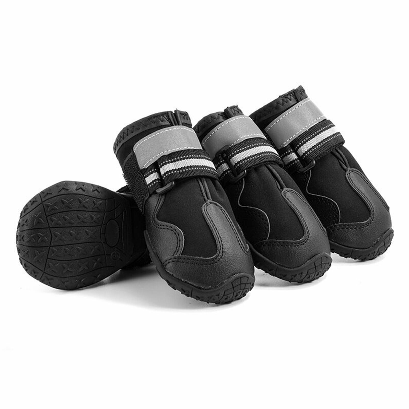 Сапоги для собак, водонепроницаемые обувь для собак, ботинки для собак с рефлексивными полосами, антискользящей подошвой, для средних собак, черный цвет, кожа, размеры 1\2\3\4\5\6\7\8 (доступно по выбору), упаковка 8 штук, размер упаковки 1:11*9.5*4.5см,