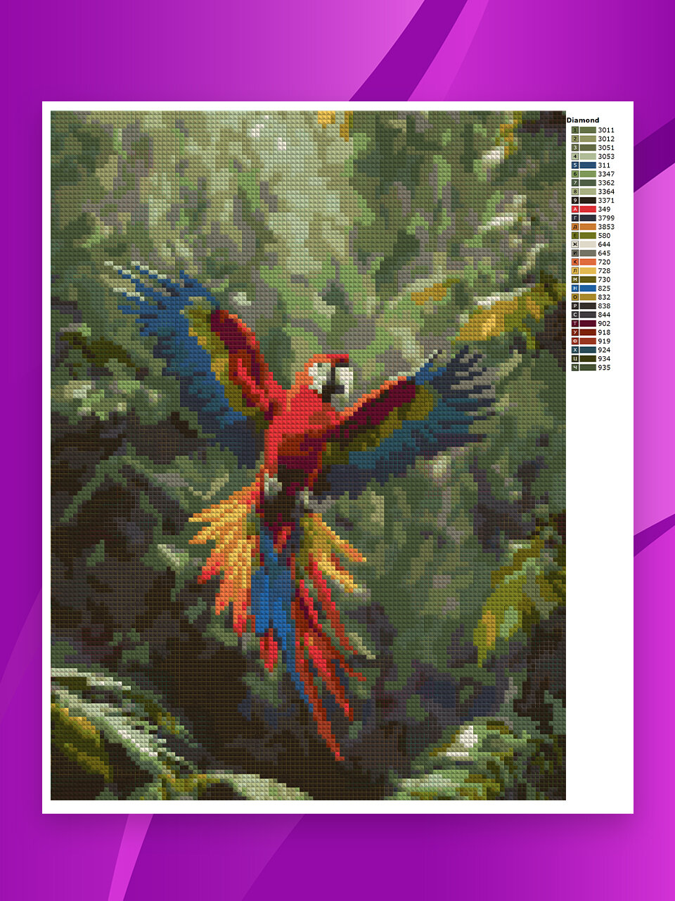 Алмазная мозаика без подрамника - вышивка - Попугай Ара 30 х 40 см