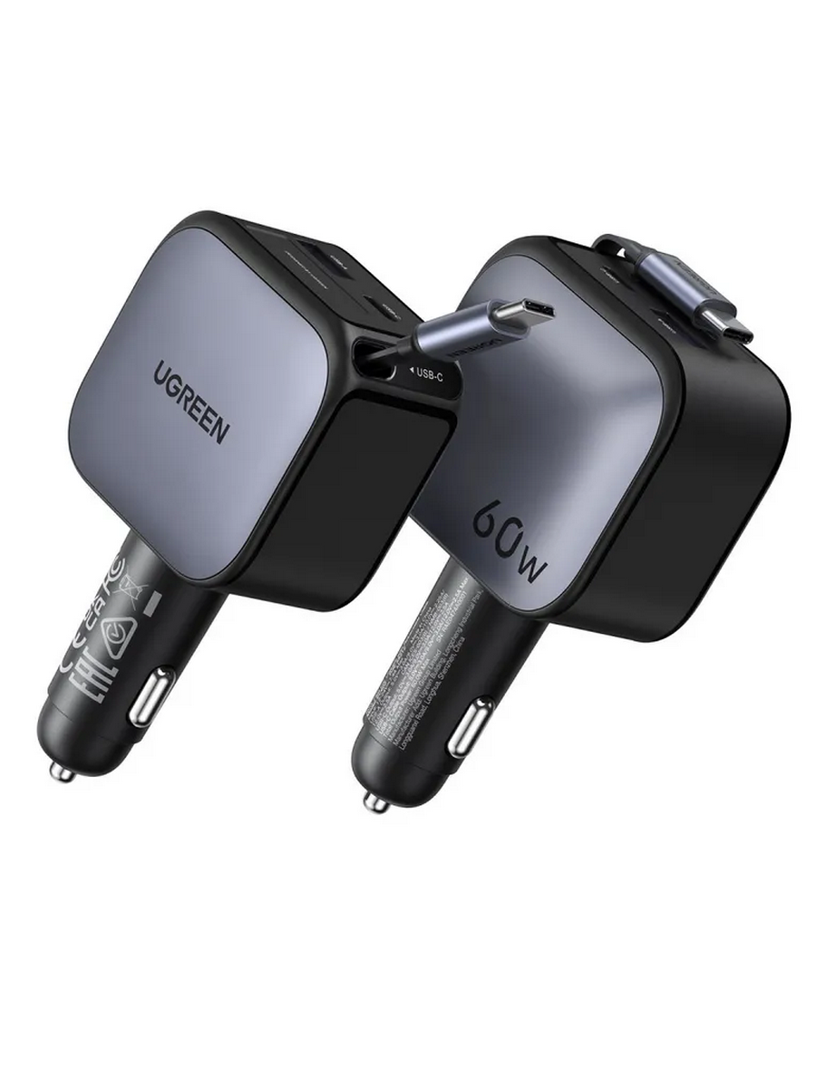 Автомобильное зарядное устройство UGREEN EC602 (55212B) 60W USB-C+USB-A Встр. кабель Серый металлик 1xUSB-C, 1xUSB-A RU