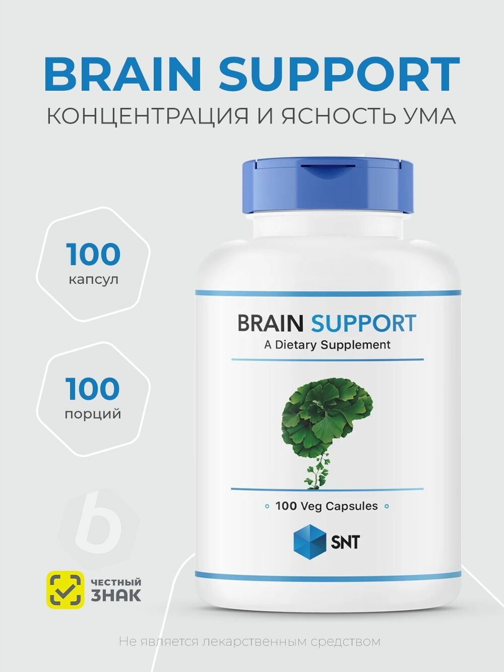 SNT Brain Support 100 капсул, Гинкго билоба, Фокус, Поддержка для мозга и памяти
