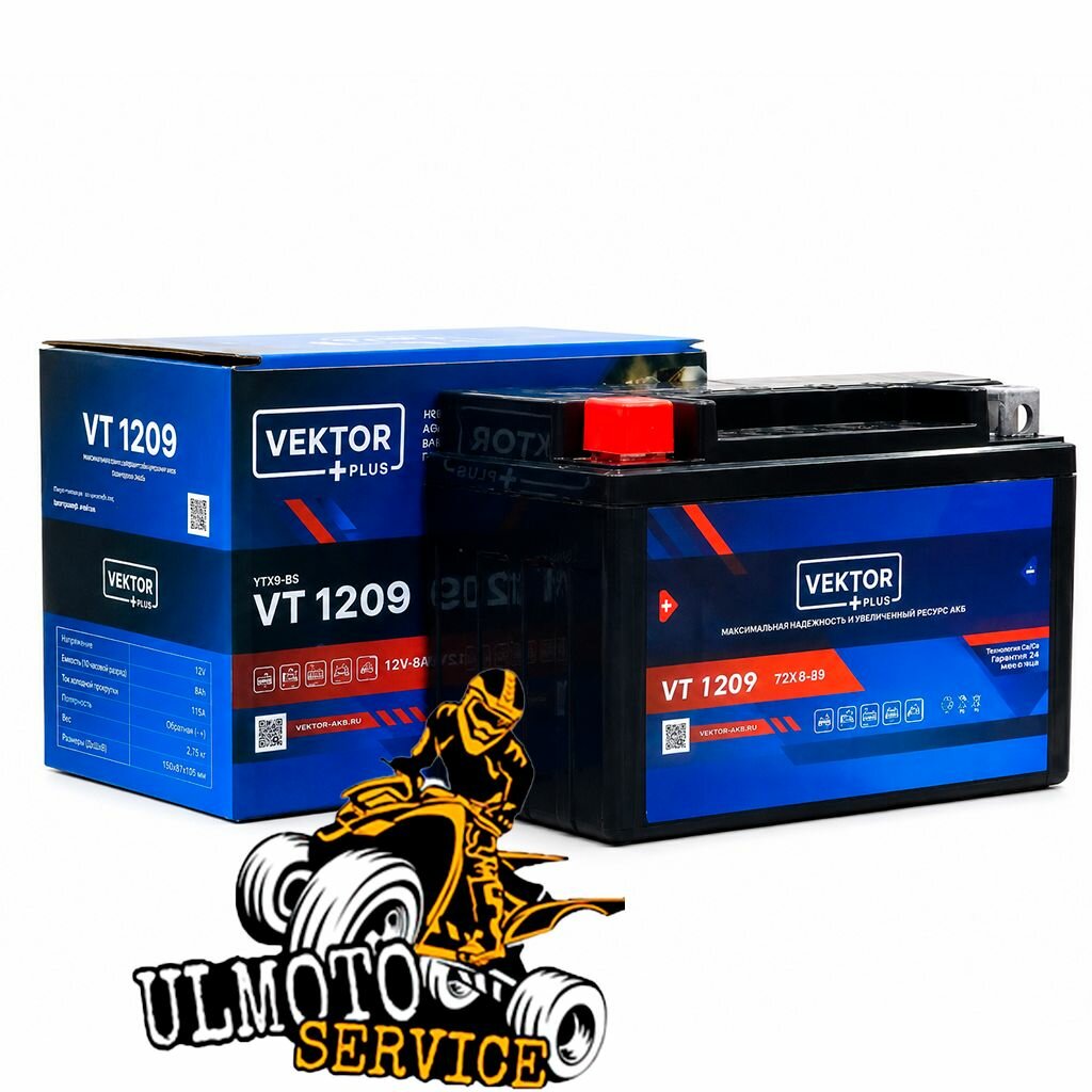 Аккумулятор для мототехники VEKTOR PLUS VT 1209 AGM 12 В 9 Ач 135 А, YTX9-BS