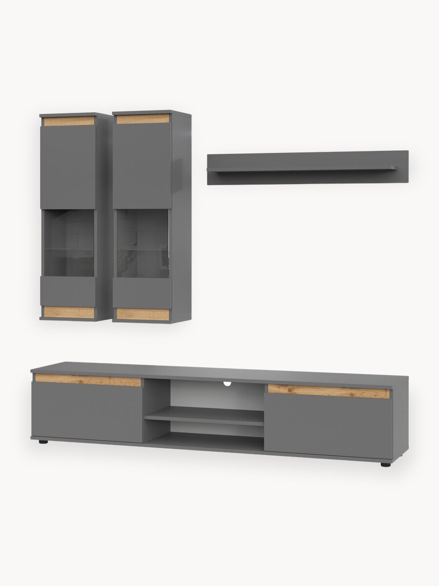 BRUNO стенка в гостиную, гостиная, Серый графит / Дуб Вотан, 175 x 196 x 37 см (ШхВхГ)