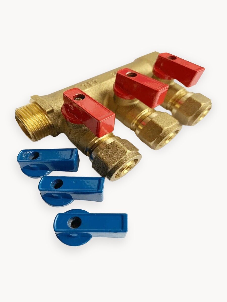 Коллектор 3/4x16x3 с шаровыми кранами. 3 вых. для металлопластиковых труб,( красный+синий)TST TST