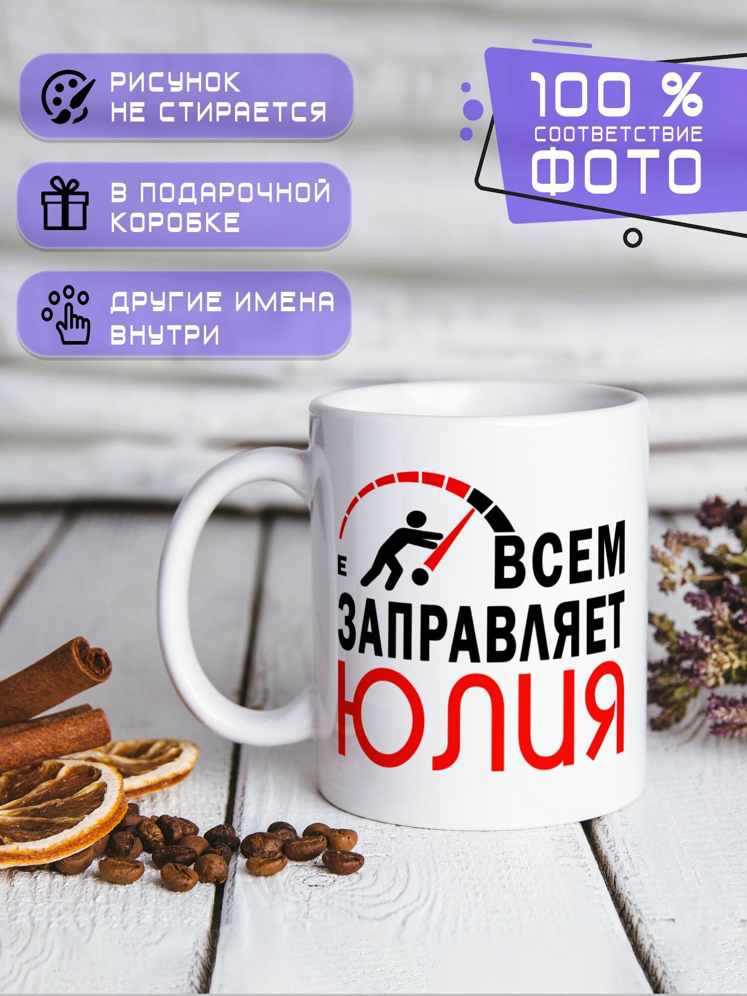 Кружка керамическая подарок на день рождения, именная с принтом "Всем заправляет Юлия"