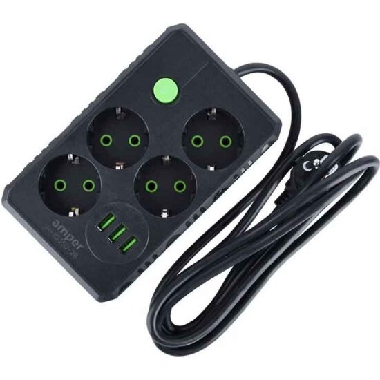 Сетевой удлинитель с USB Amper JH-1035U-2B 4 розетки, 3usb, 2500 Вт, 10А, 2,0м, черный.