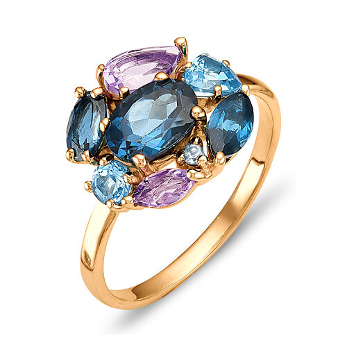 Кольцо тонкое, красное золото, 585 проба, аметист, топаз