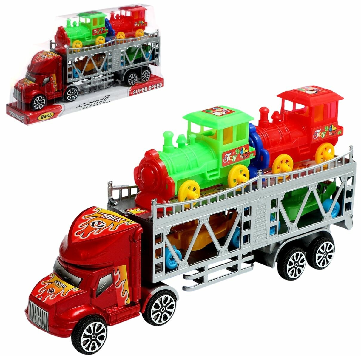 Грузовик "Автовоз", набор детских игрушек для сюжетно-ролевых игр дома и в песочнице, автомобиль с инерционным механизмом, 2 машинки и 2 паровоза, цвета микс