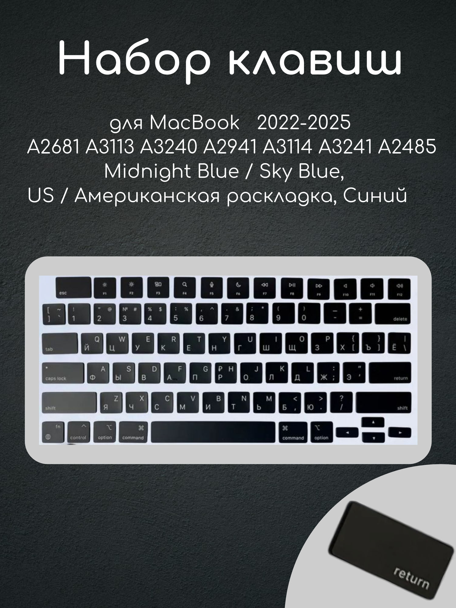 Кнопки набор клавиш для Macbook M2, M3, M4 2020-2025 (A2442, A2485, A2681, A2779, A2780, A2941, A2991, A2992 ) US, синий