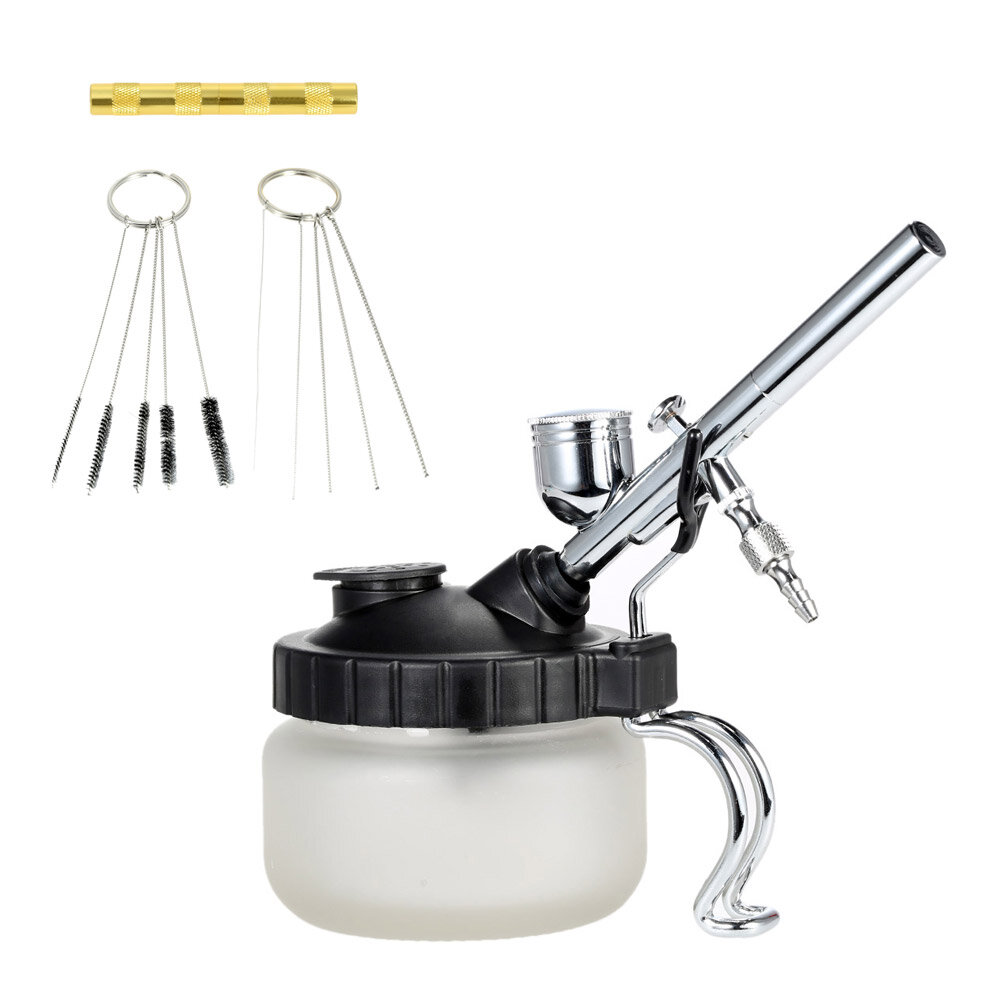 Airbrush Cleaning Pot Glass Air Brush Holder Clean Paint Jar Bottle Spray Wash Clean Tools Needle Nozzle Brush Set, Color: Black + Silver + Golden, Material: Glass + Plastic + Iron + Stainless Steel + Nylon Bristles, Brush Diameter: 2, 2.5, 3.2, 4, 5mm,