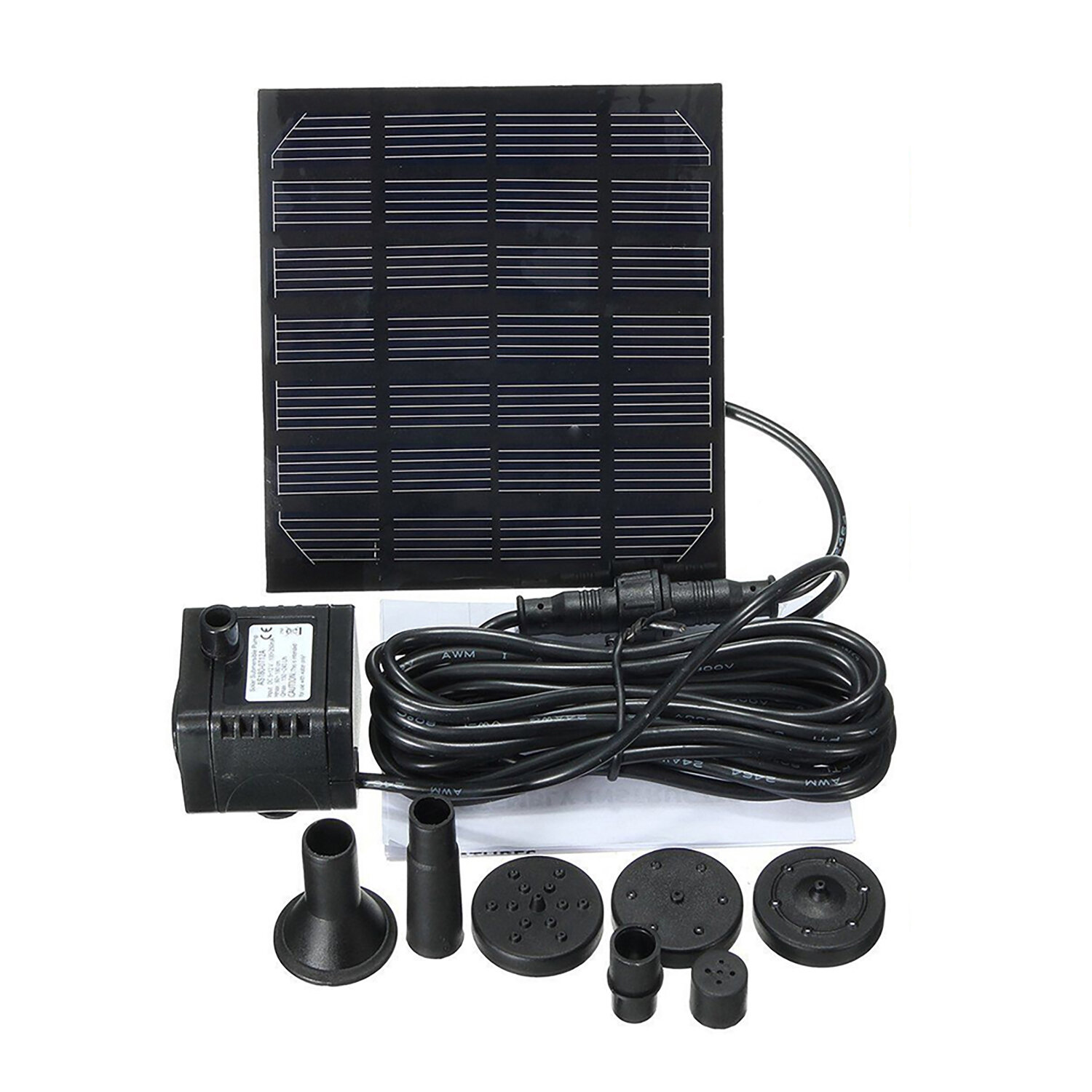 Насос водяной солнечный 7V 1.5W для фонтана садовый плавающий для полива растений фонтаны бассейн сад дома пруд с рыбами черного цвета с панелью 110x110mm, мощностью 1.2W, подъемом 1200mm, длиной кабеля 3.0 м, расходом 200L/h, 6 насадками, адаптером,