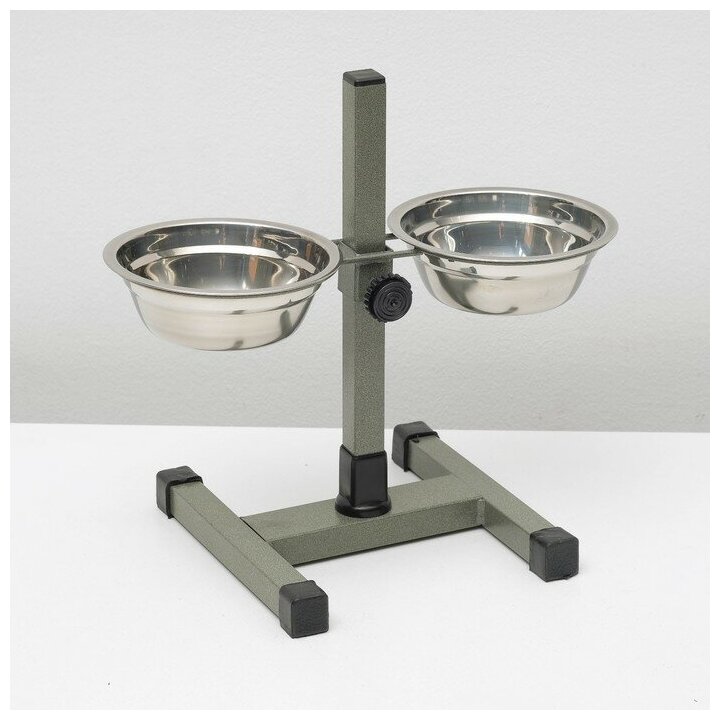 Подставка с мисками, 2 х 350 мл, высота 30 см, разборная, серо-зелёная шагрень