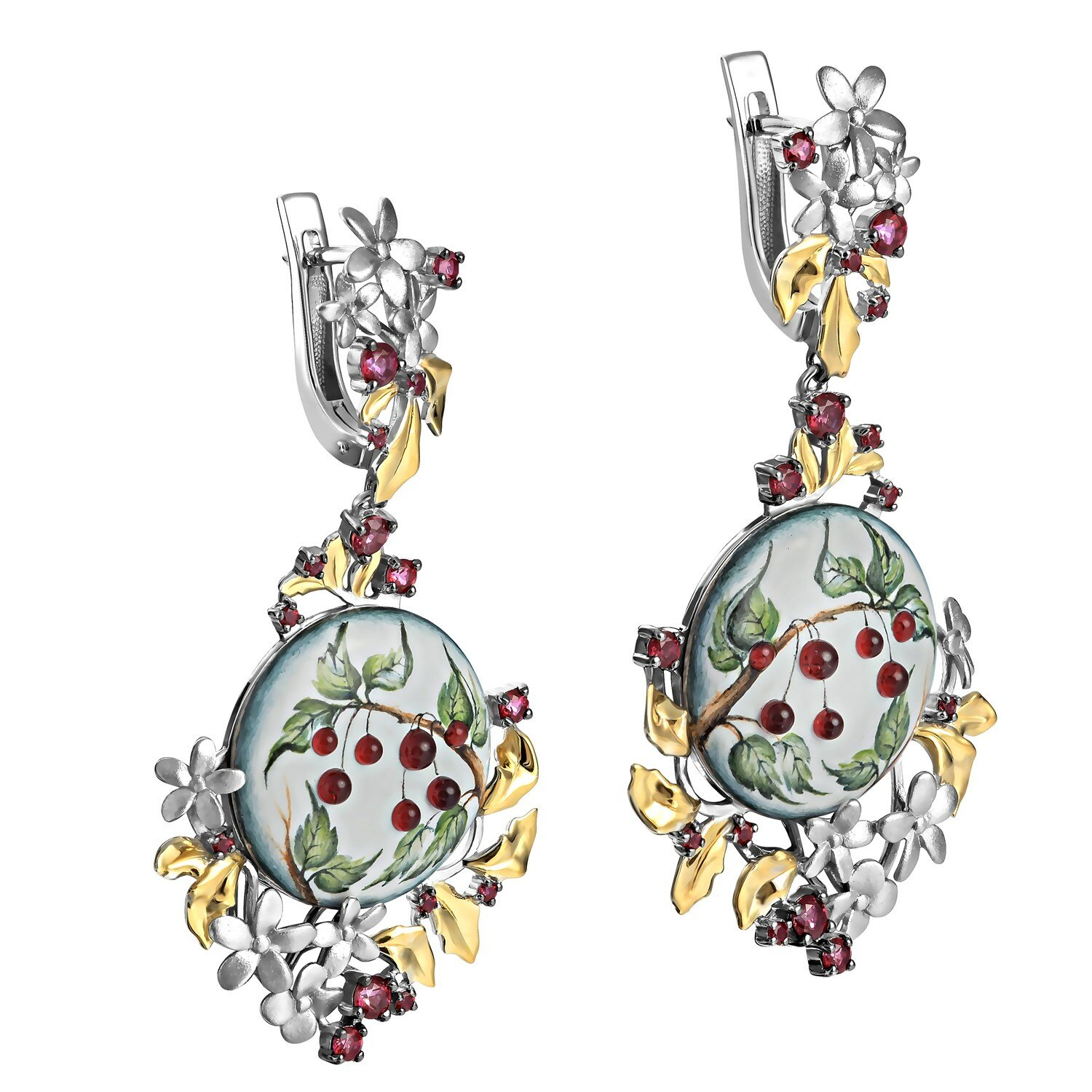 Серьги, белое золото, 585 проба, финифть, топаз