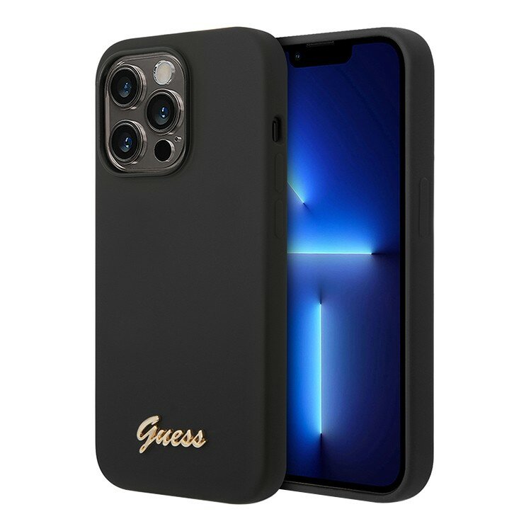 Чехол Guess Liquid Silicone Gold Metal logo для iPhone 14 Pro, черный