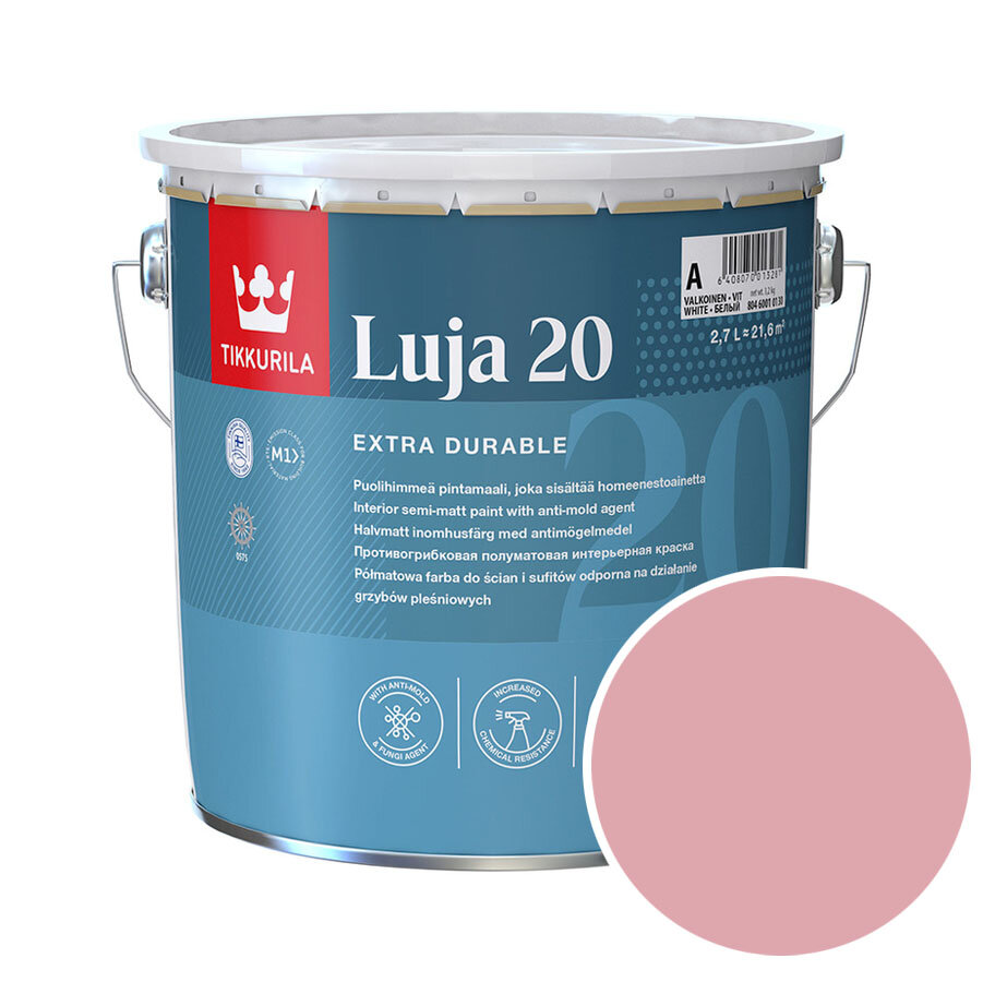 Краска моющаяся Tikkurila Luja Extra полуматовая RAL 3015 (Светло-розовый - Light pink) 2,7 л