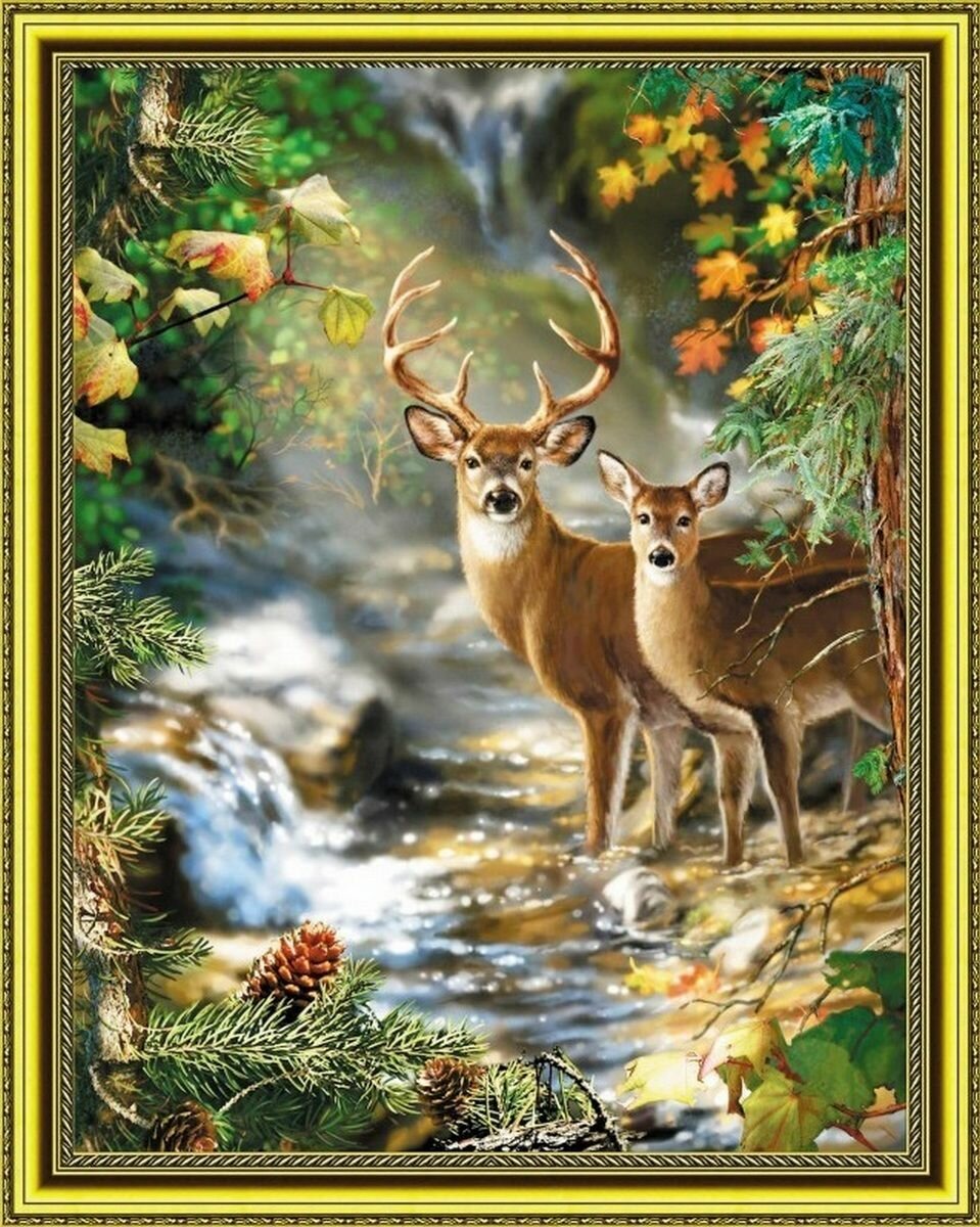 Алмазная мозаика на подрамнике 40х50 полная выкладка. Пара оленей в осеннем лесу