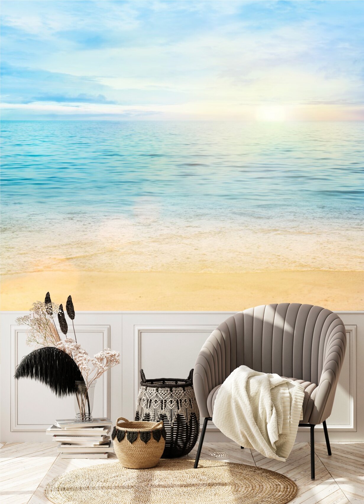 Фотообои "Восход солнца над морем" 200*200 см в гостиную, спальню, кухню