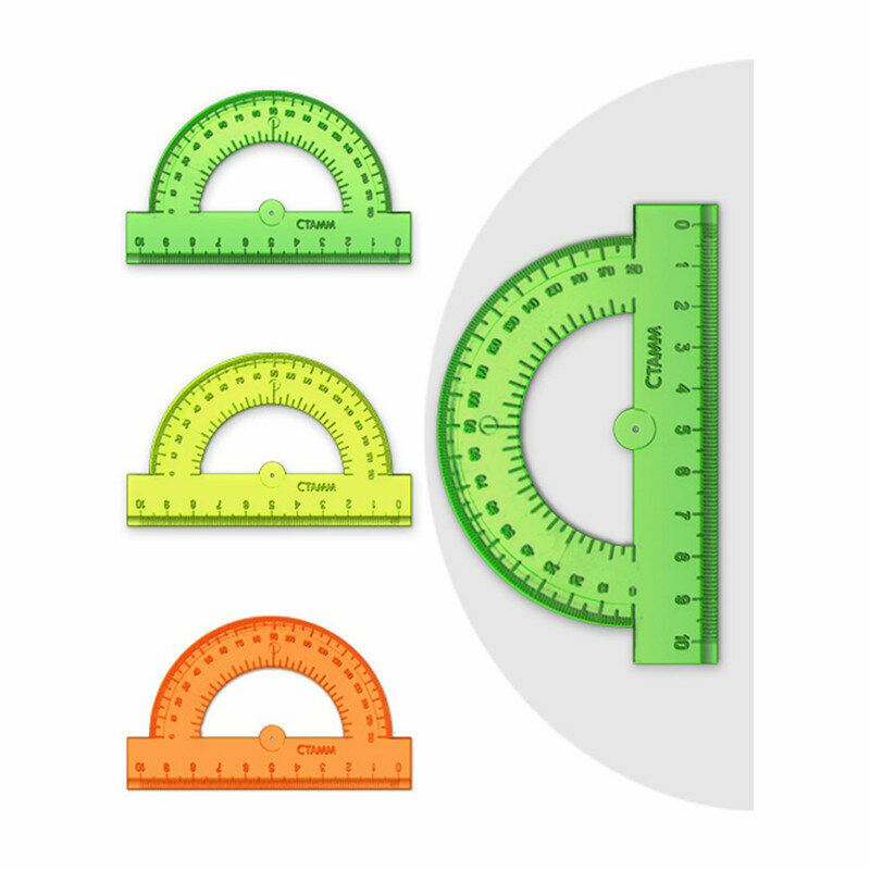 Транспортир 10см, 180° СТАММ, пластиковый, отливная шкала, прозрачный, неоновые цвета, ассорти, 40 штук, 063831