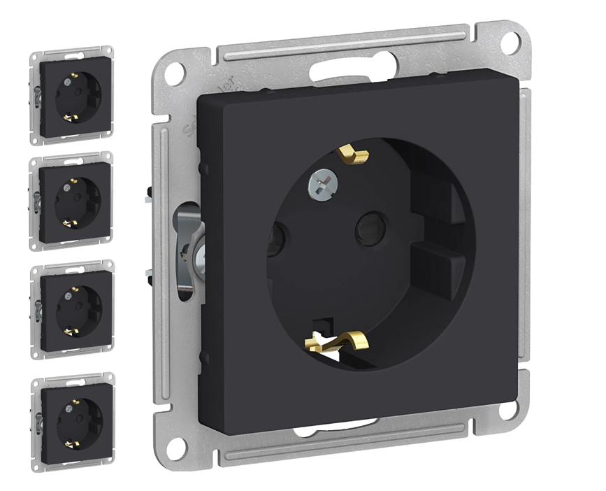 Розетка Schneider Electric/Systeme Electric AtlasDesign с заземлением, со шторками, 16А, механизм, карбон ATN001045 (комплект 5 шт.)