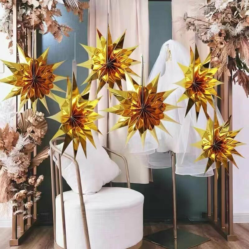 Подвески бумажные 3D 6 Мерцающих Звезд цвет золото