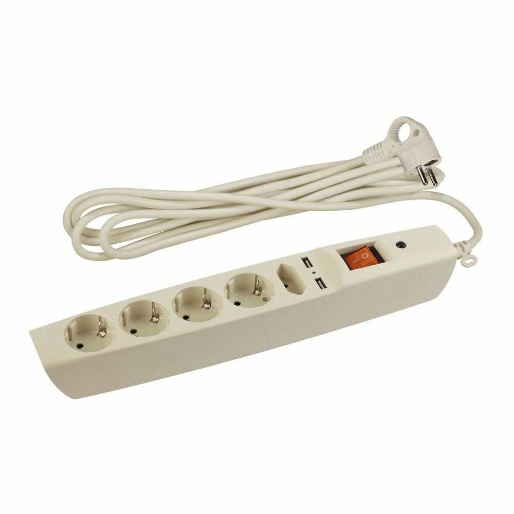 Фильтр сетевой ЭРА SF 5 гнезд + 2 USB 2 м слоновая кость