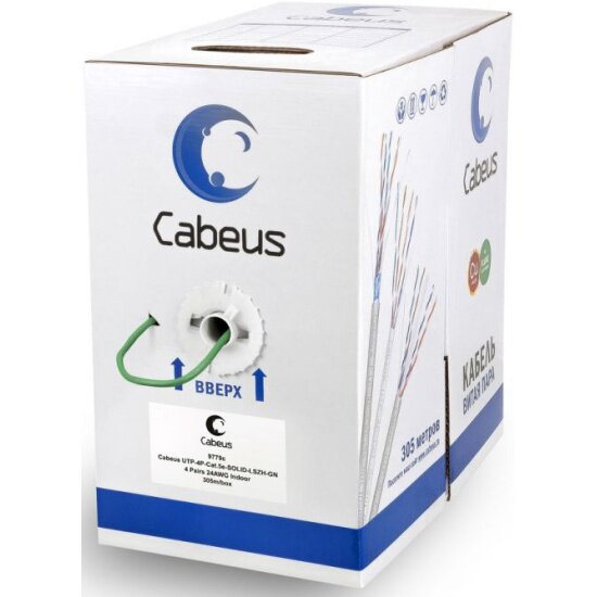 Кабель витая пара Cabeus UTP-4P-Cat.5e-SOLID-LSZH-GN UTP (U/UTP), категория 5e, 4 пары (24 AWG), одножильный, зеленый, LSZH
