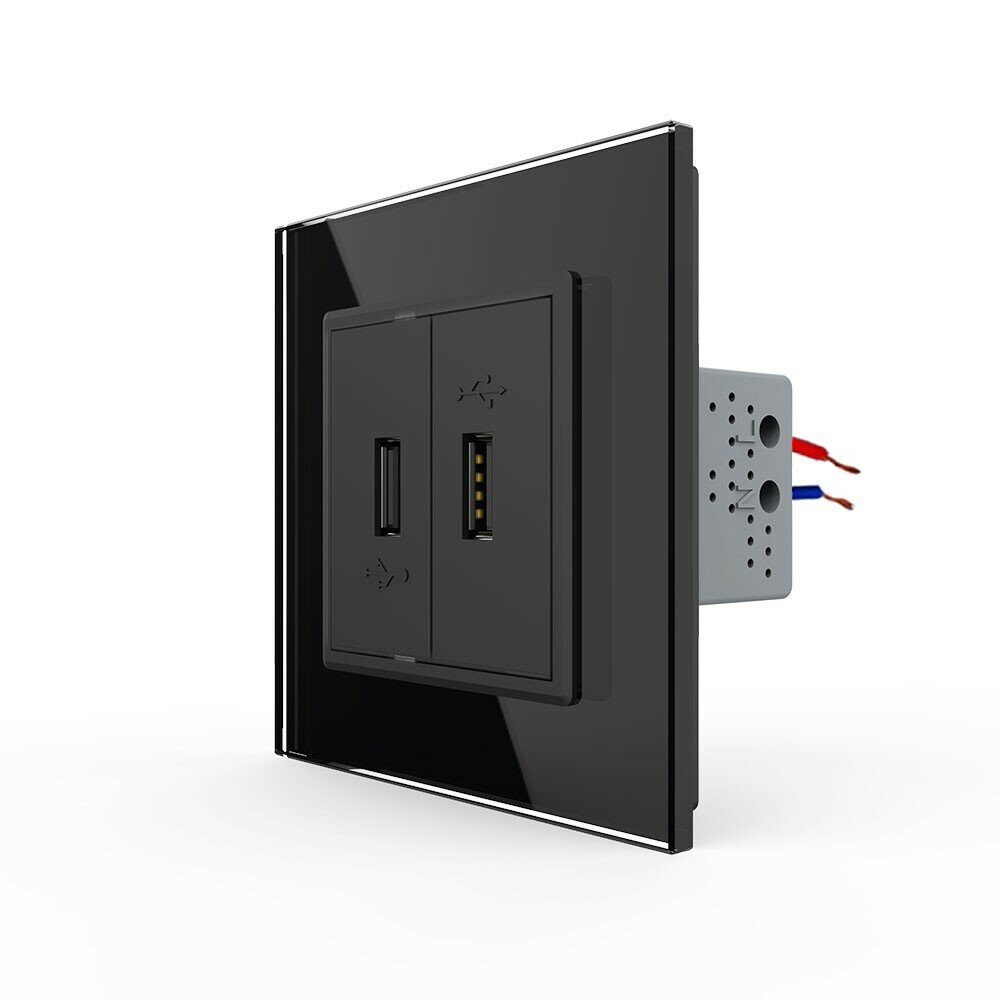 USB-розетка LIVOLO ORIGINAL VL-C792USB-12, 2 USB, 5В 2.1А, черная, стеклянная рамка, комплект