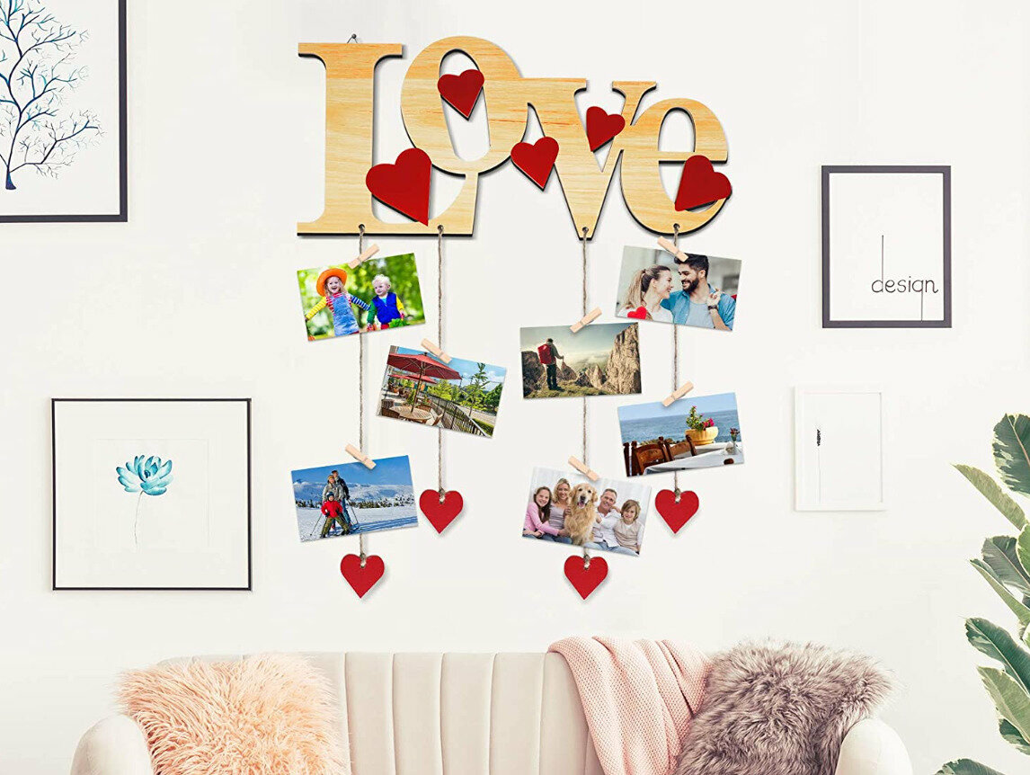 Надпись, гирлянда 40*20 см "Любовь" деревянная с подвесками и прищепками, коллаж растяжка для фотографий, фоторамка в стиле 2000-х