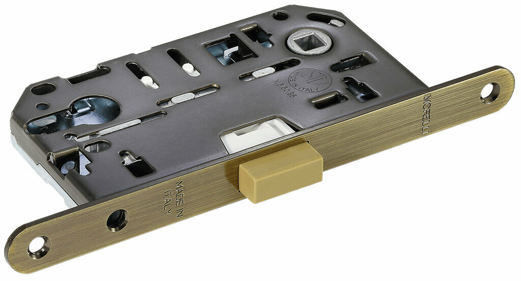 Защелка межкомнатная с замком, бесшумный поворотный врезной для двери с ответной планкой Morelli IP L MAB бронза