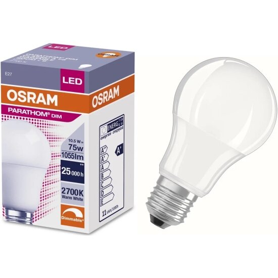 Светодиодная лампа Ledvance-osram OSRAM PARATHOM CLASSIC А 75 10.5W/827 FR DIM E27 1055 lm d60x110 матовая