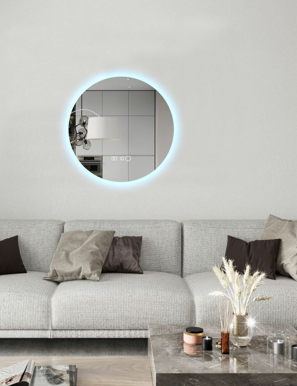 Зеркало для ванной с часами Sun D60 круглое "парящее" с холодной LED-подсветкой