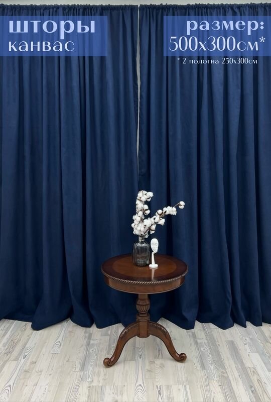 Шторы Милкитекс канвас 500х300см / комплект (250х300см - 2шт) бархатистых портьер для зала, кухни, спальни, синие