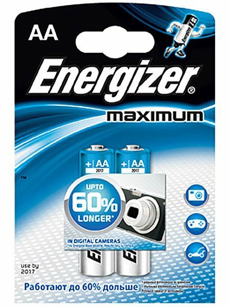 Батарейки Energizer "Maximum", щелочные, AA, 1.5 V, до 60 % дольше обычных, 2 шт