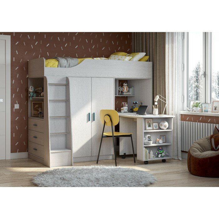 Кровать – чердак «Каприз 8», с столом, с шкафом, 2040×1102×1695 мм, цвет анкор белый