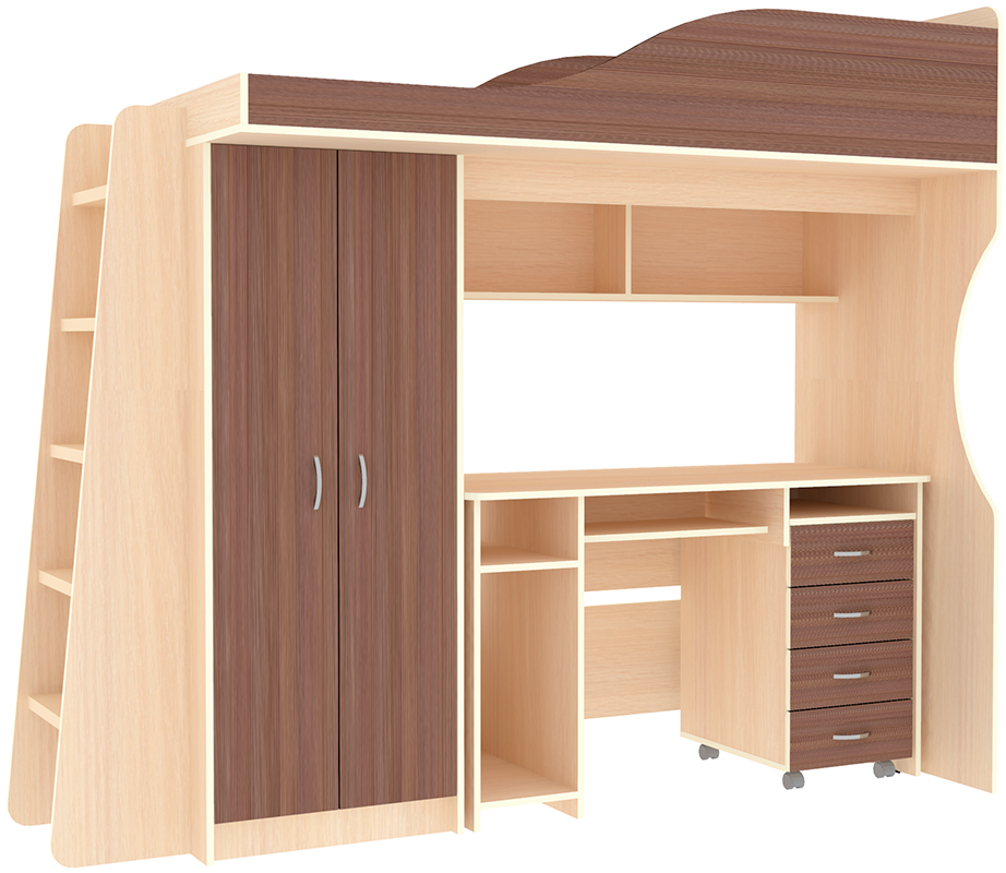 Кровать чердак "Квартет" с деревянной лестницей Дуб Молочный Бодего Темный