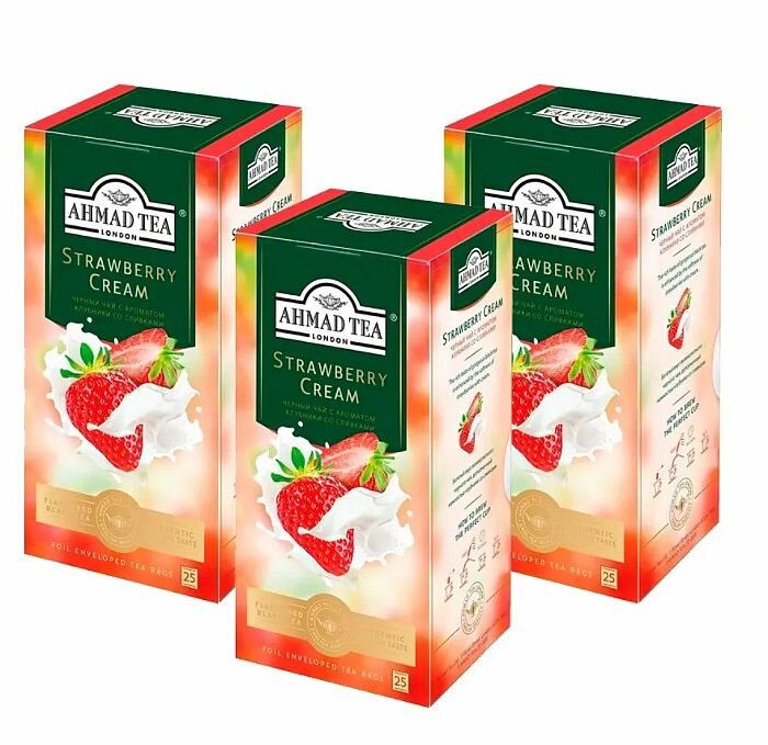 Чай черный Ahmad tea Strawberry cream с ароматом клубники, набор 3 х 25 пакетиков