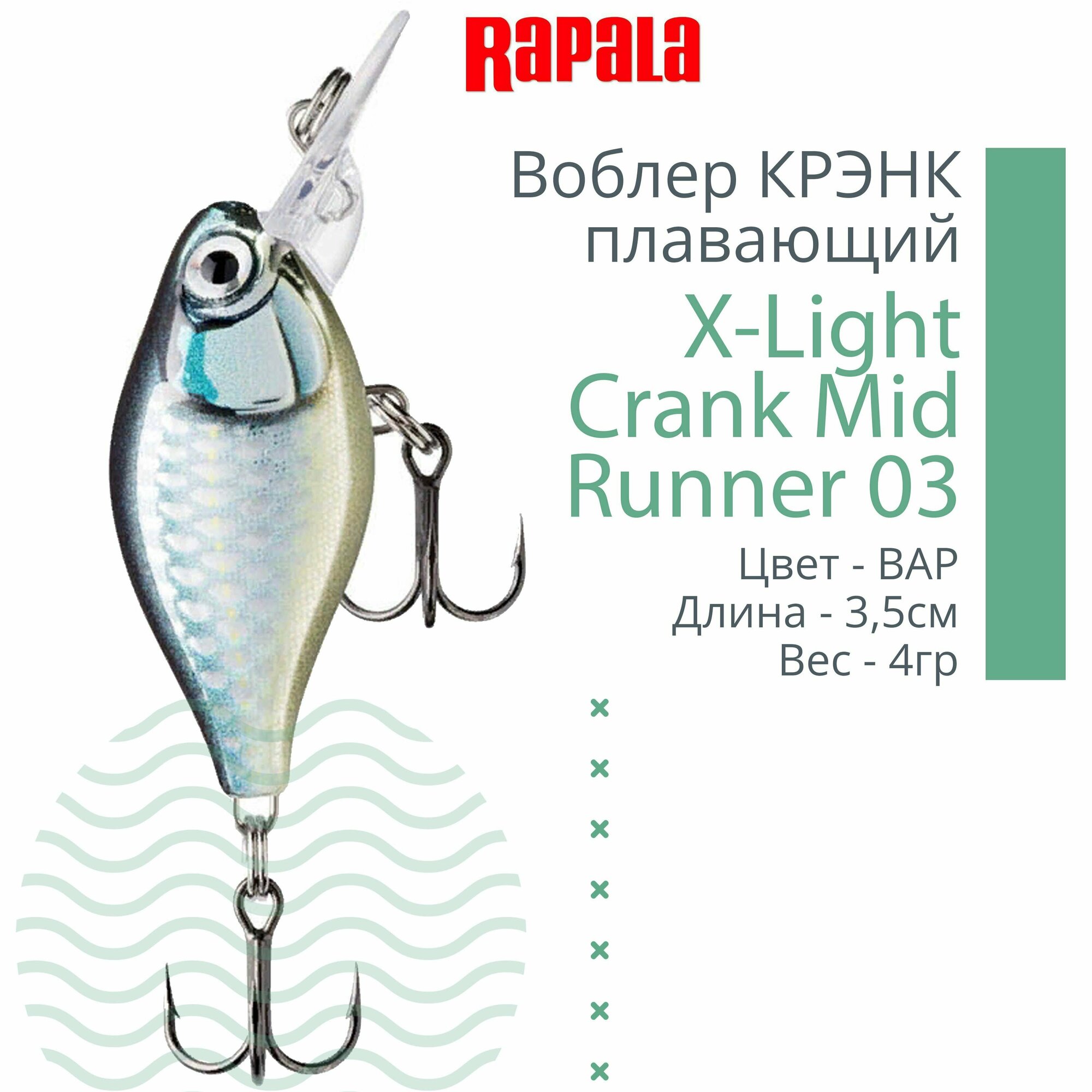 Воблер для рыбалки RAPALA X-Light Crank Mid Runner 03, 3,5см, 4гр, цвет BAP, плавающий