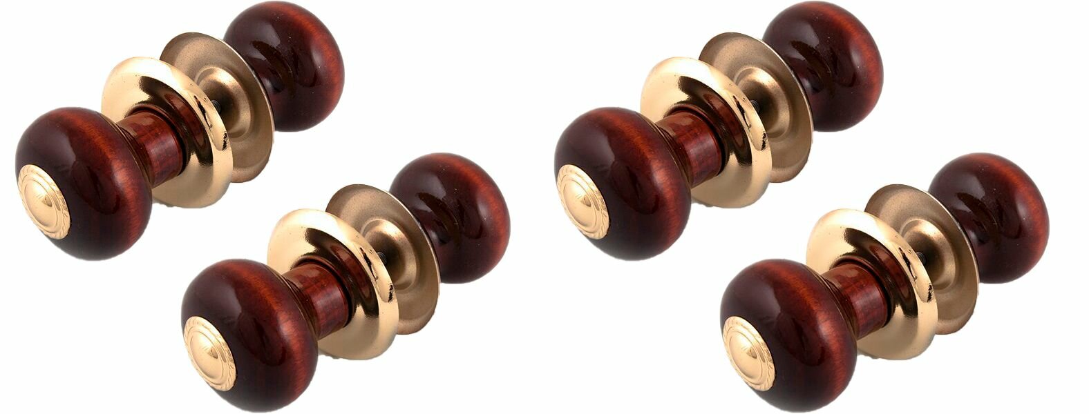 Ручка-кнопка дверная, дерево, 1Бт2-1 темная, золотая планка, золотая накладка, матовый лак (комплект 4 штуки)