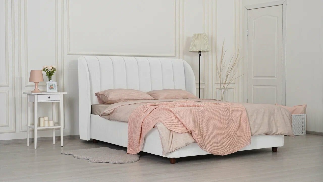 Двуспальная кровать 120х200 с подъемным механизмом, "Hellen" с мягким изголовьем для дома, для спальни, ортопедическое основание, с ящиком для белья. Велюр белый Teddy 001