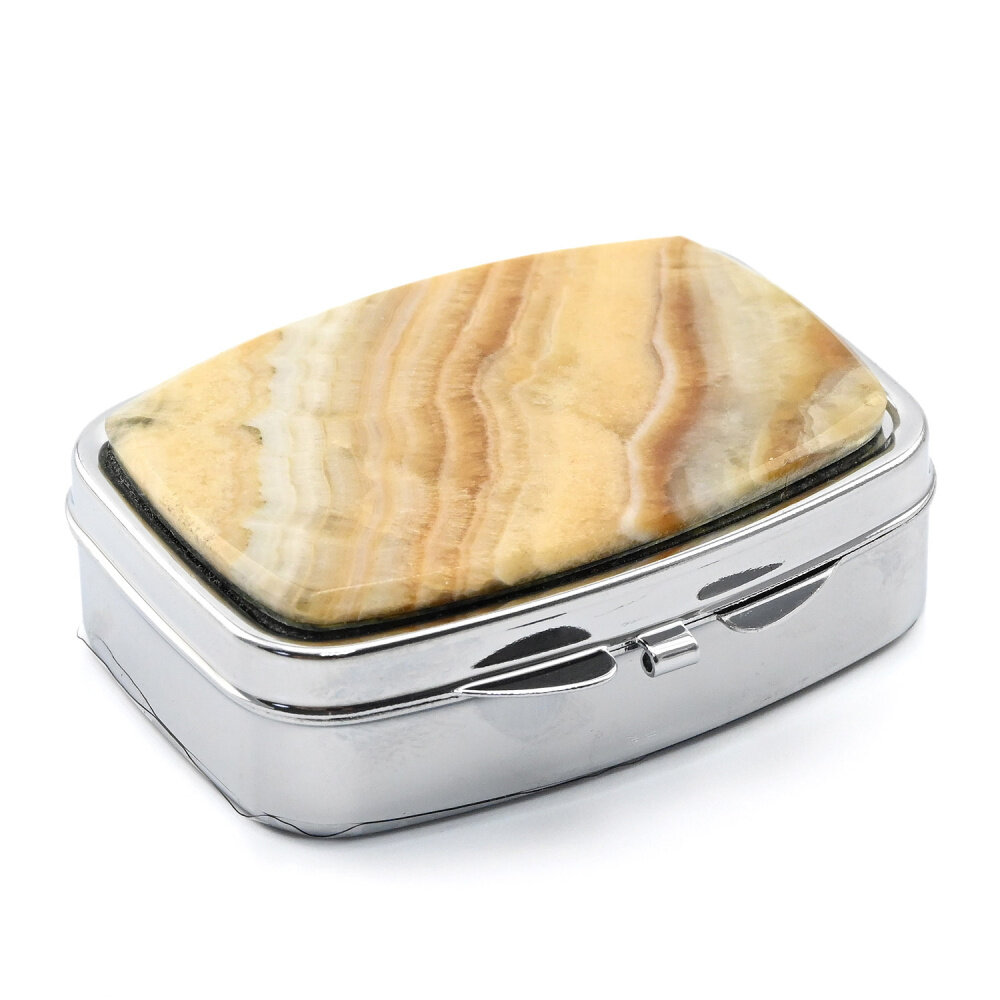 Бокс для таблеток на 2 отсека с накладкой из оникса, серебристая .