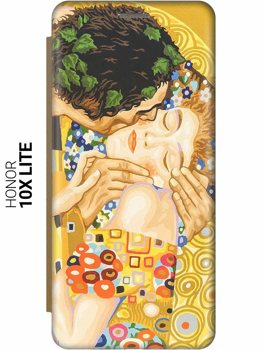 Чехол-книжка на Honor 10x Lite, Хонор 10Х Лайт c принтом "Поцелуй" золотистый