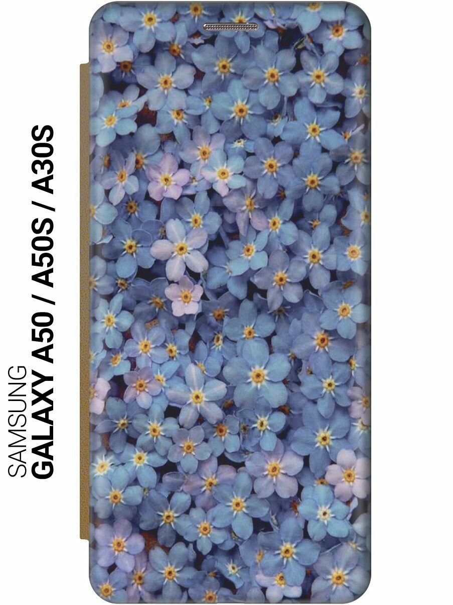 Чехол-книжка на Samsung Galaxy A50, A50s, A30s, Самсунг А50, А30с, А50с c принтом "Голубые фиалки" золотистый